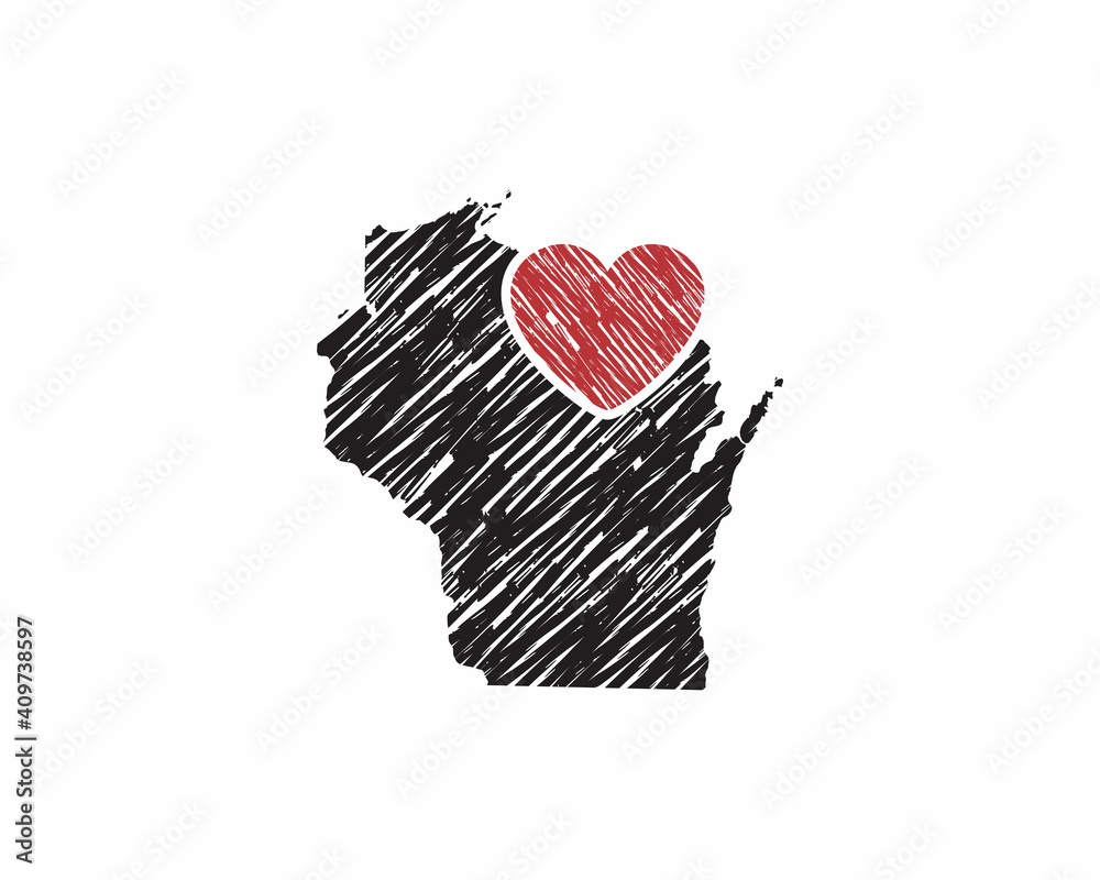 Hand Drawing Wisconsin Map And Heart Logo Vector 001 Stock Vector ...