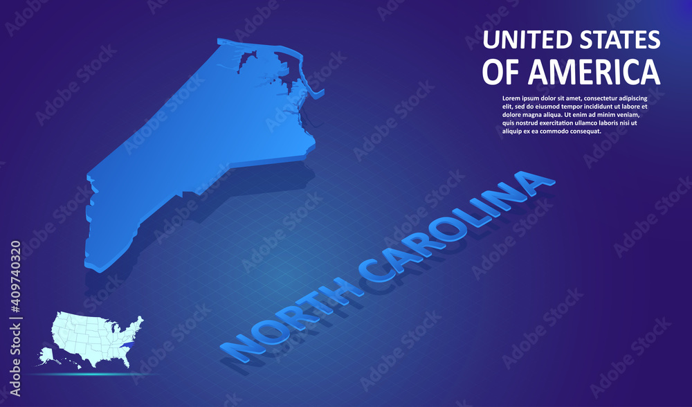 Isometric North Carolina State map on blue and glowing background. 3D ...