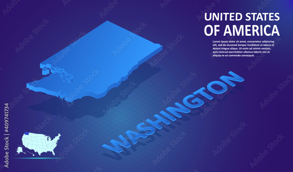 Isometric Washington State map on blue and glowing background. 3D ...