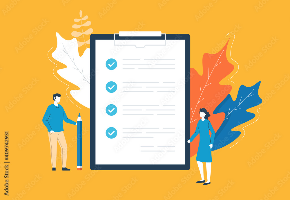 People and checklist. Woman with thumbs up and man with pencil standing ...