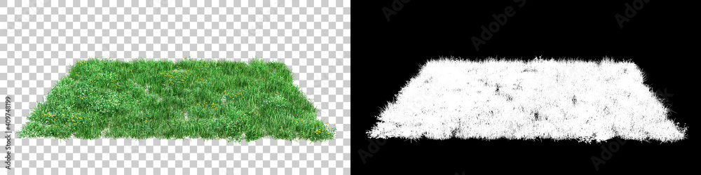 Background illustration of green field of grass with flowers. 3D ...