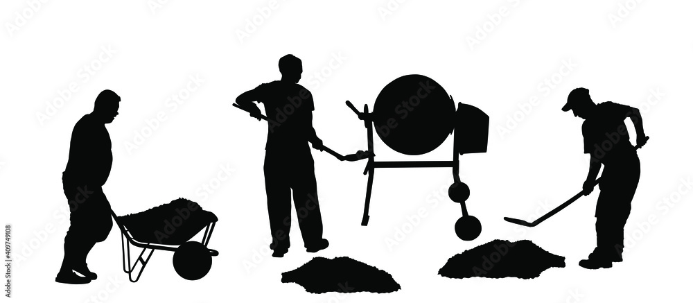 Workers crew with shovel put gravel in concrete mixer vector silhouette ...