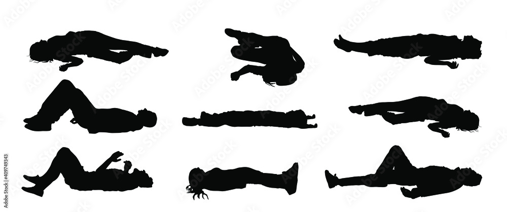Obraz Unconscious man with injury lying down vector silhouette. Traffic ... Obraz Unconscious man with injury lying down vector silhouette. Traffic ...
