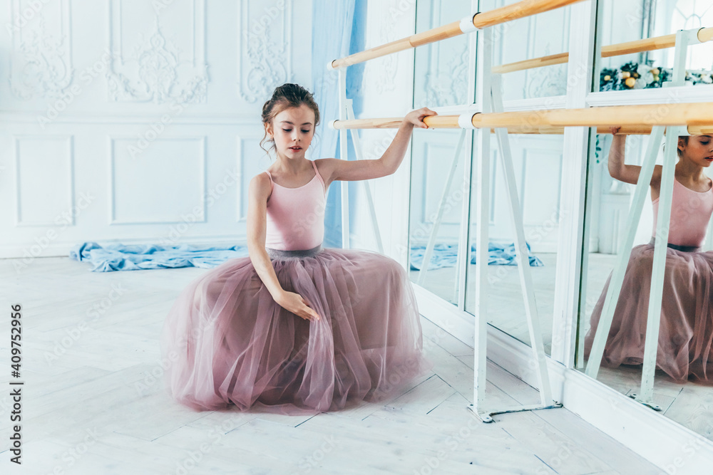 Beautiful graceful ballerina practice ballet positions in pink tutu ...