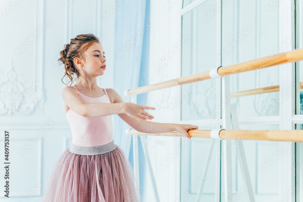 Beautiful graceful ballerina practice ballet positions in pink tutu ...