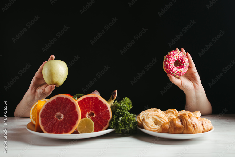 Diet, healthy lifestyle, weight loss, eating habits concept. Choosing ...