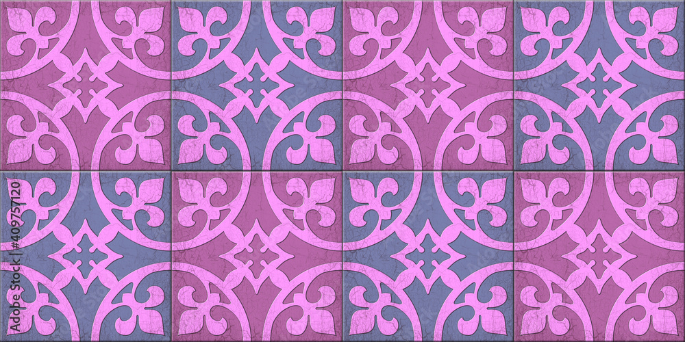 Render of tiles for interior design. Vintage. Pink, purple and gray ...