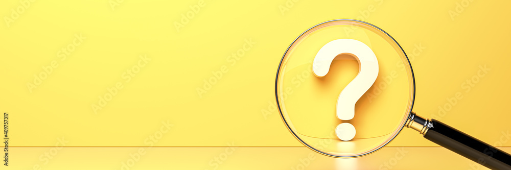 White question mark with magnifying glass on yellow background and ...