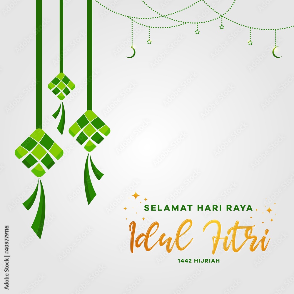 creative greeting card design with crescent moon and stars of selamat ...