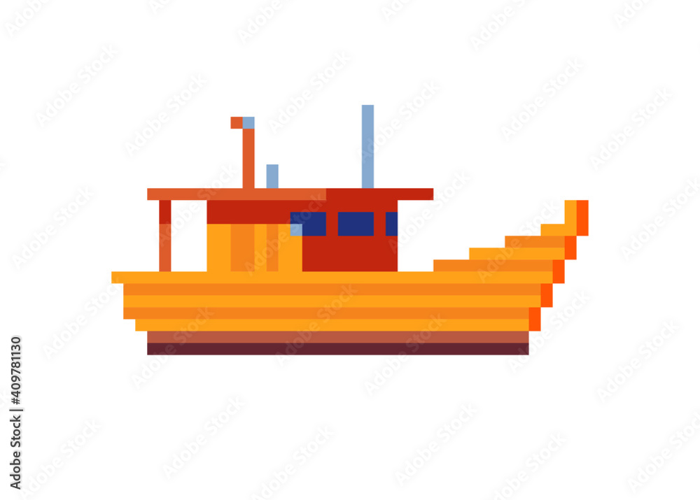 Fishing wooden boat pixel art icon. Isolated vector illustration. 8-bit ...