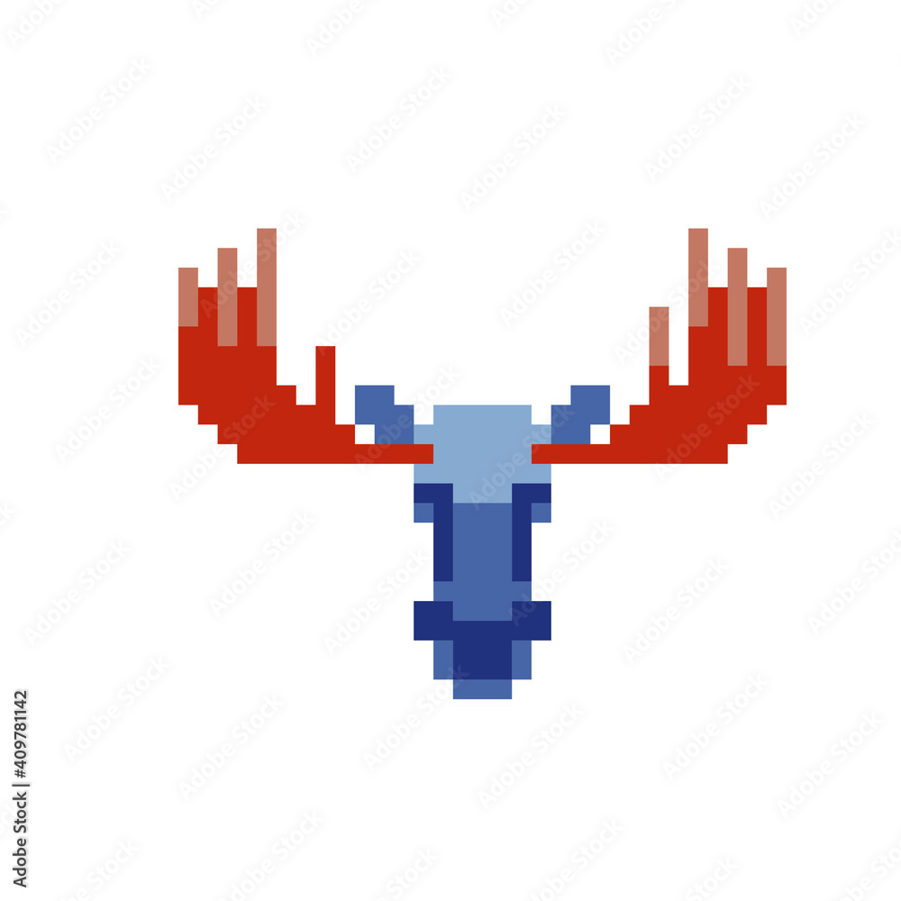 Elk moose head with horns pixel art icon, stag deer isolated vector ...