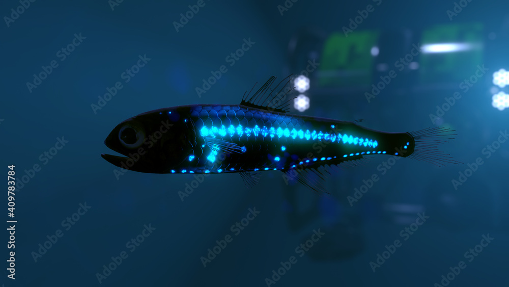 Deep Sea Lanternfish, 3D rendered, with a Remote Operated Vehicle (ROV ...