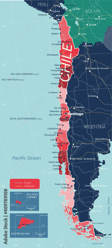 Chile country detailed editable map with regions cities and towns ...