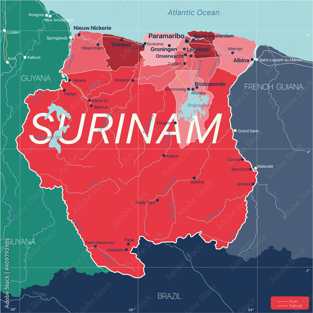 Stockvector Surinam country detailed editable map with regions cities ...