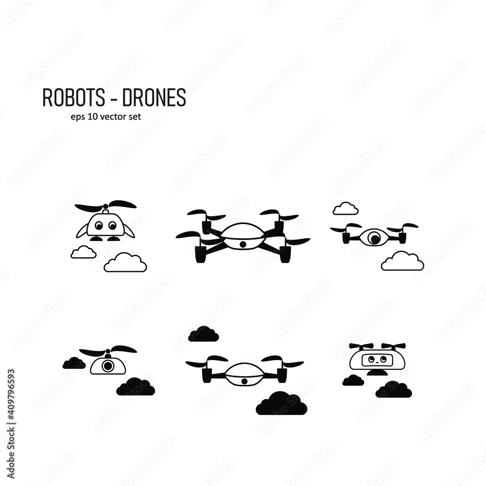 Robots - drones. Vector icons set on white background. Symbol for web ...
