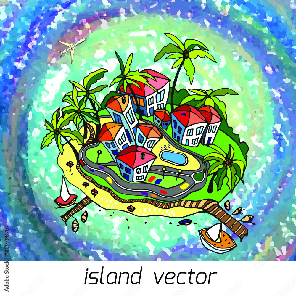 unusual perspective of the paradise island on sea, drawn sketch ...