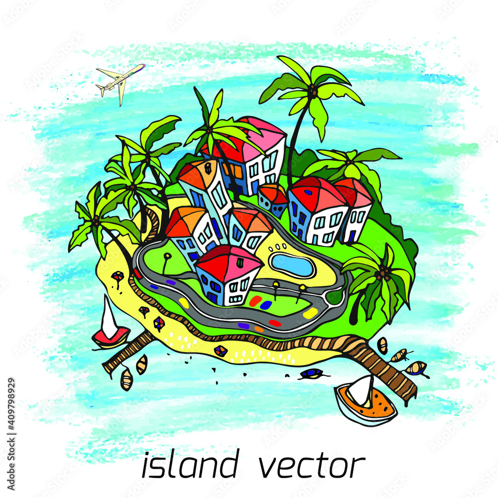 unusual perspective of the paradise island on sea, drawn sketch ...