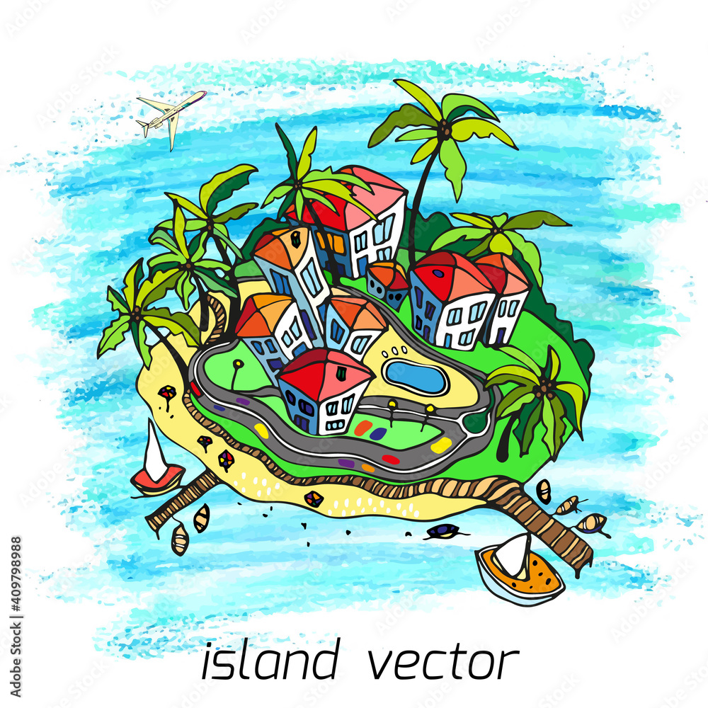 unusual perspective of the paradise island on sea, drawn sketch ...
