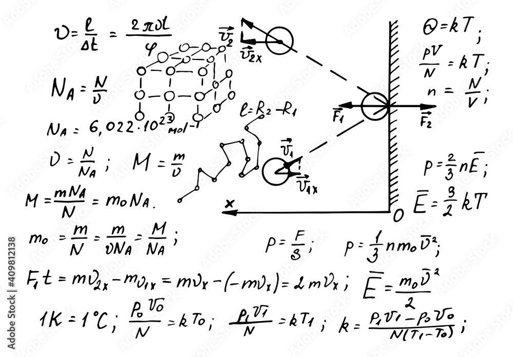 Molecular Physical equations and formulas on whiteboard. Vector hand ...