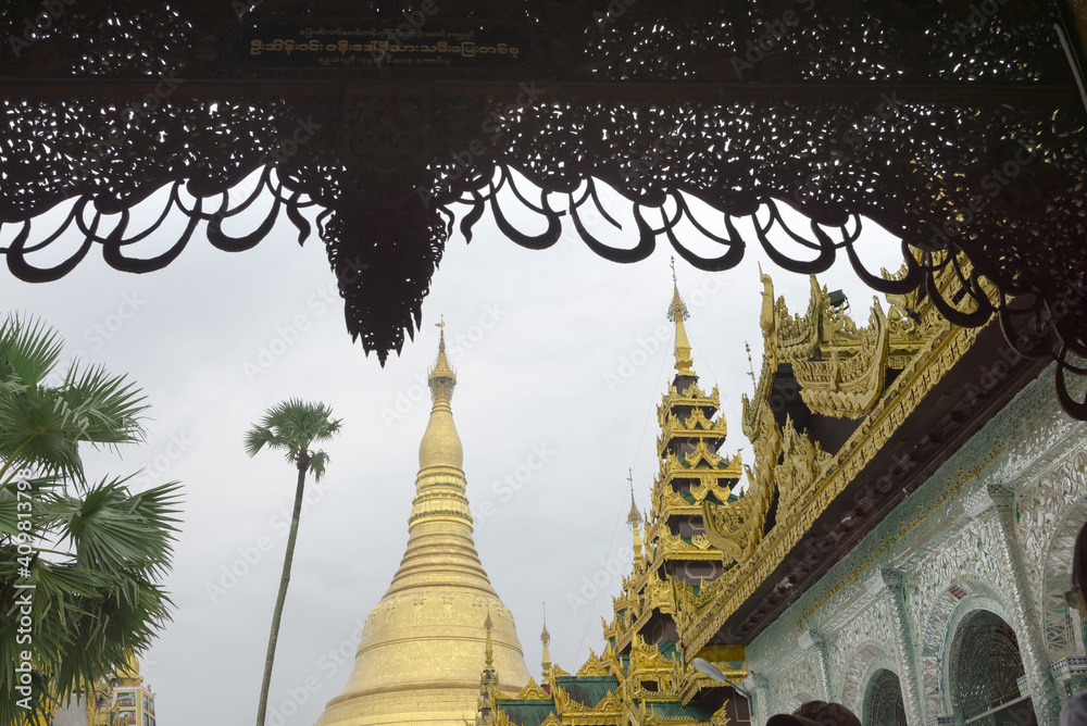 The Shwedagon pagoda the most famous landmark of Myanmar. Stock Photo ...