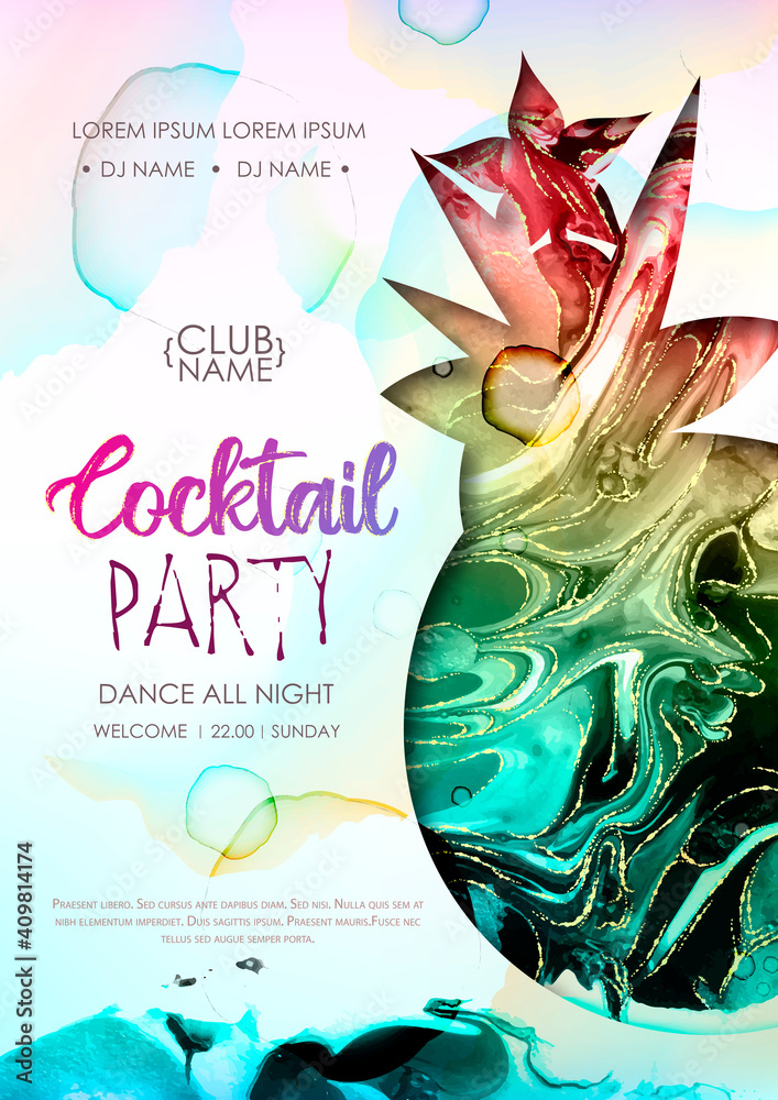 Cocktail disco party poster. Artistic pina colada cocktail silhouette ...