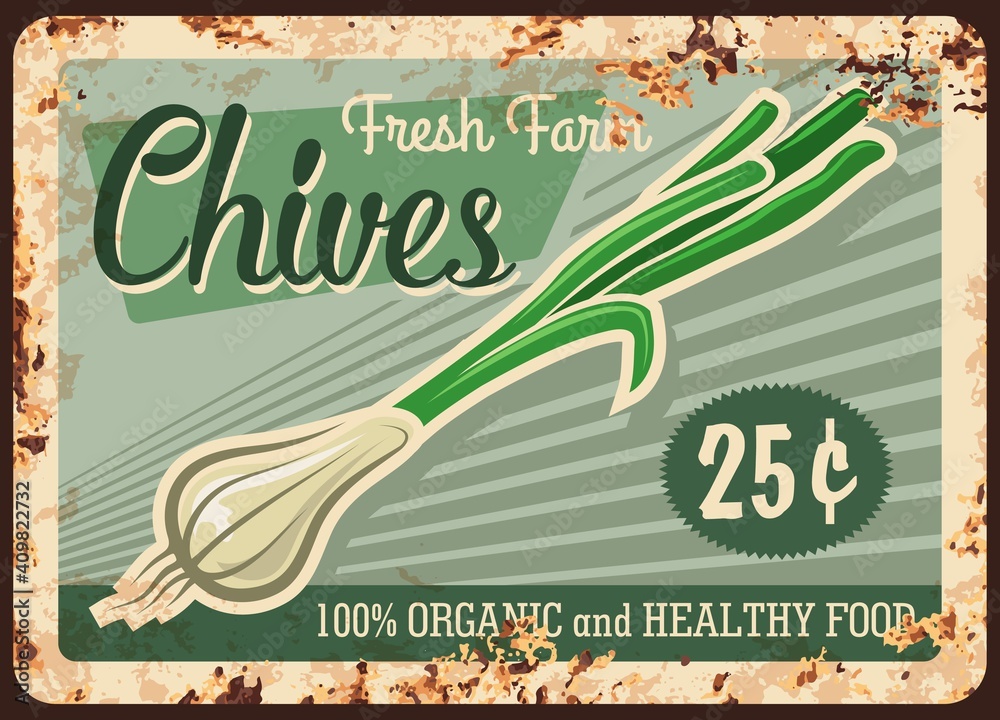 Chives vegetable metal plate rusty, farm herbs and spices food, market ...
