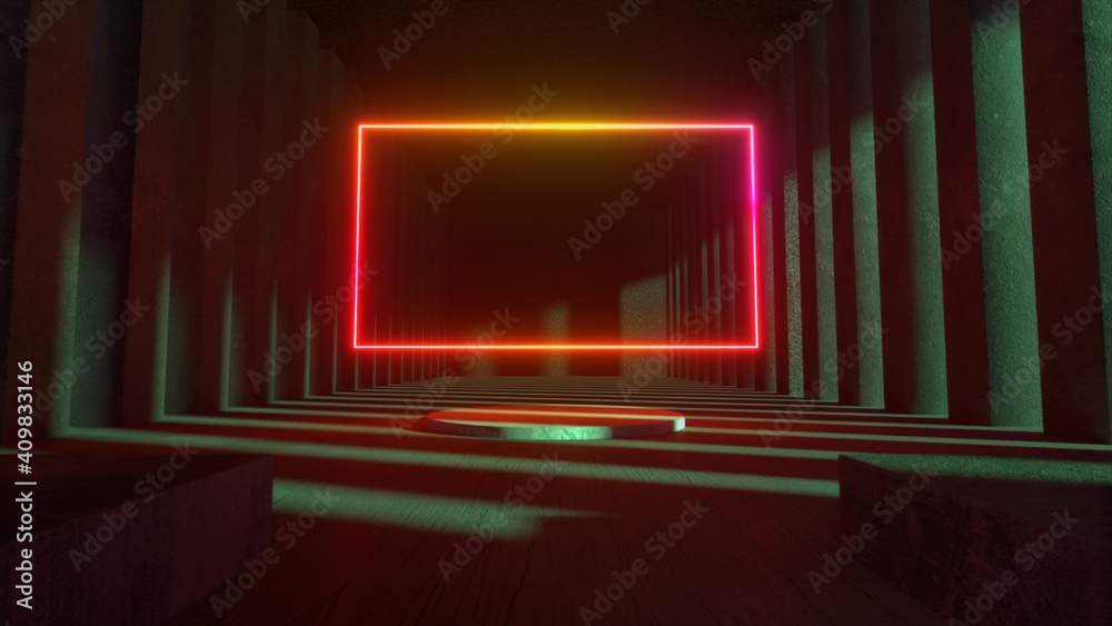 Bright neon frame in the middle of a stone concrete museum. Copy space ...