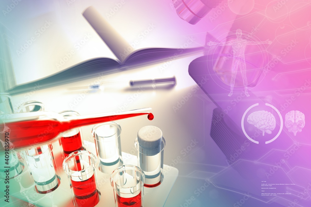 Medical 3D illustration, test-tubes vials in university facility ...
