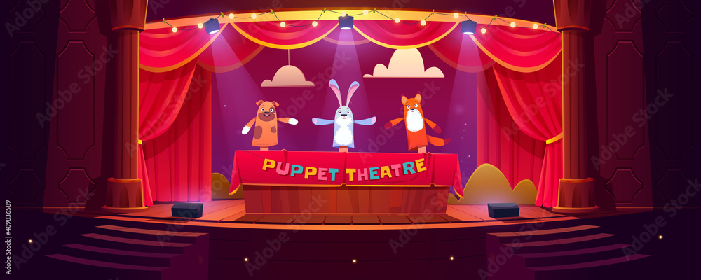 Puppet theater on stage, funny dolls perform show for children on scene ...