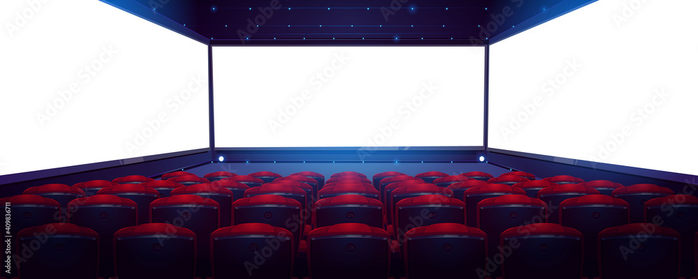 Vecteur Stock Movie theater, cinema hall with white screen and rows of ...