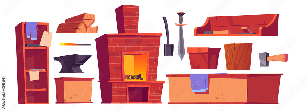 Vetor de Forge or blacksmith stuff and furniture, burning oven, sword ...