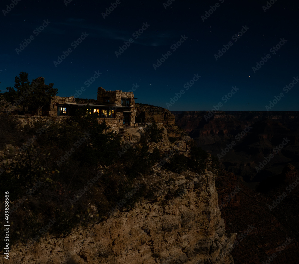 Moon lit Lookout Studio at night, Grand Canyon at night with moon and ...