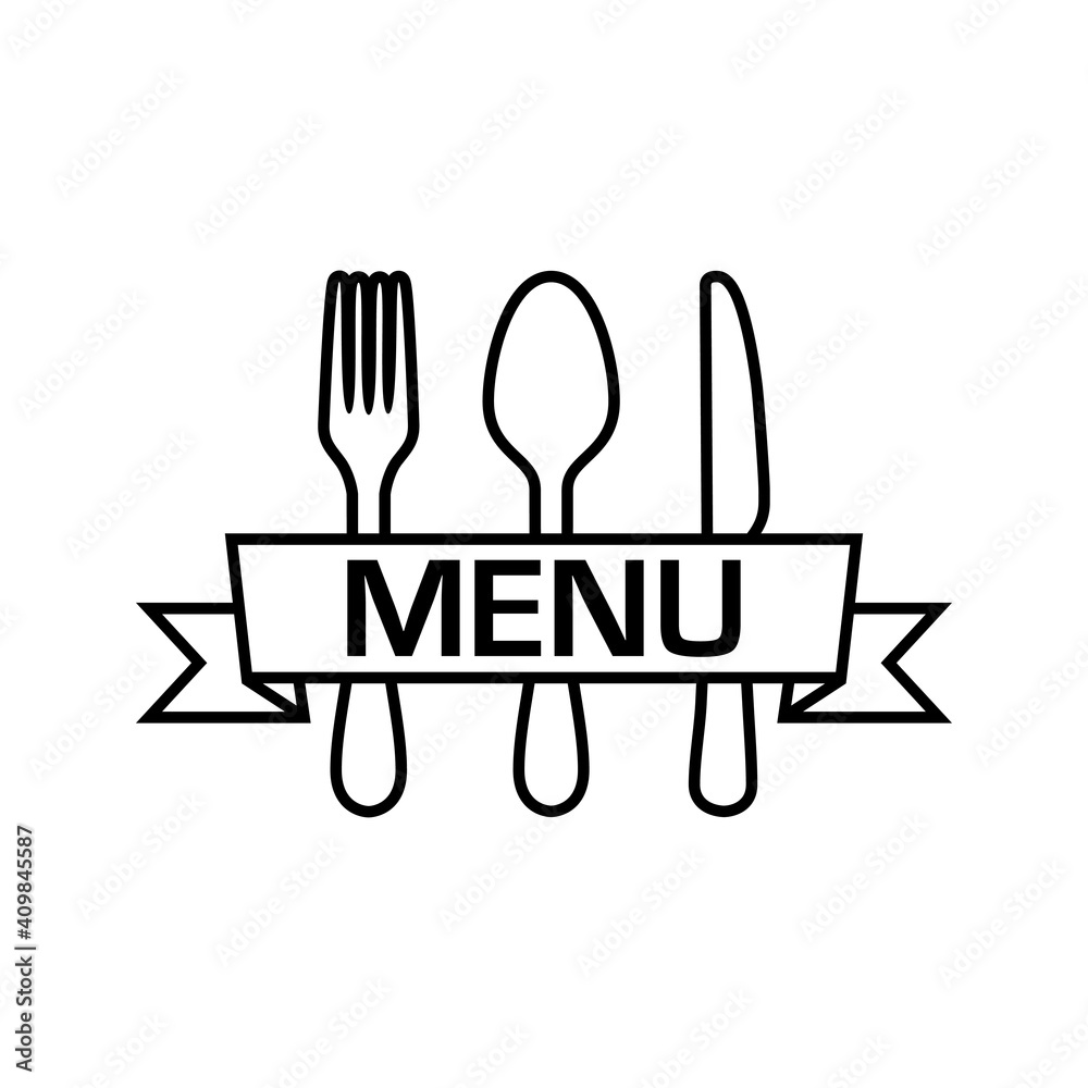 Logotipo con palabra Menu escrito en listón sobre cubiertos con lineas ...