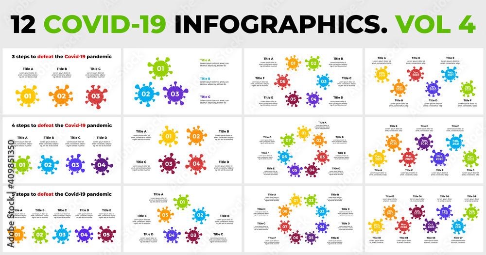 12 Covid-19 Vector Infographics Collection. Circle diagrams. 3, 4, 5, 6 ...