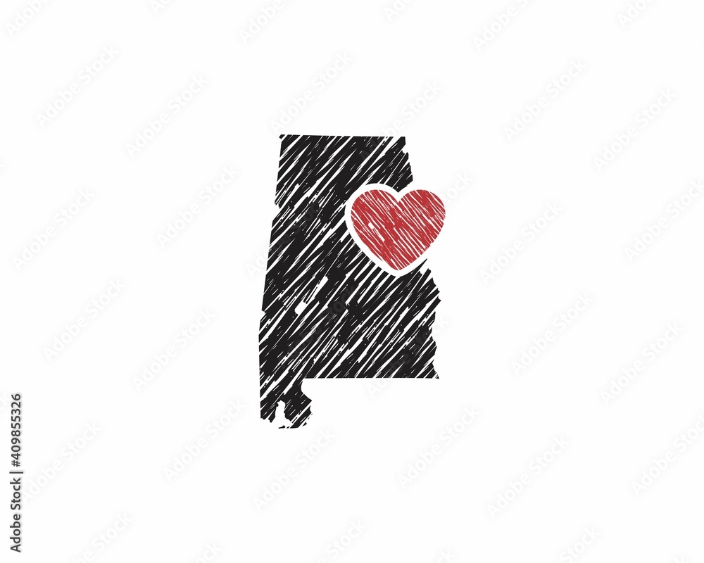 Hand Drawing Alabama Map And Heart Logo Vector 001 Stock Vector | Adobe ...