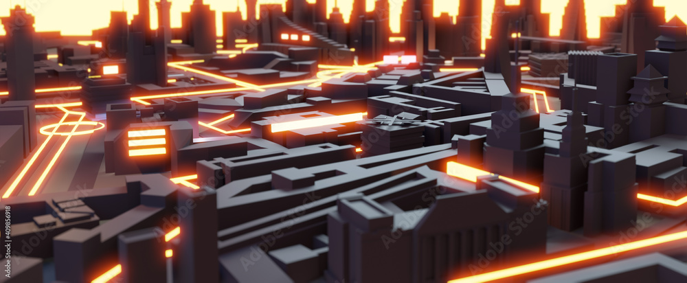 3D Render abstract modern city with neon street lines representing ...