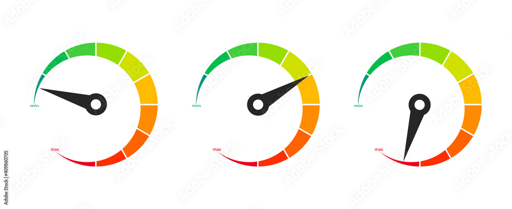 Set of color vector speedometer. Speedometer icon, modern flat design ...