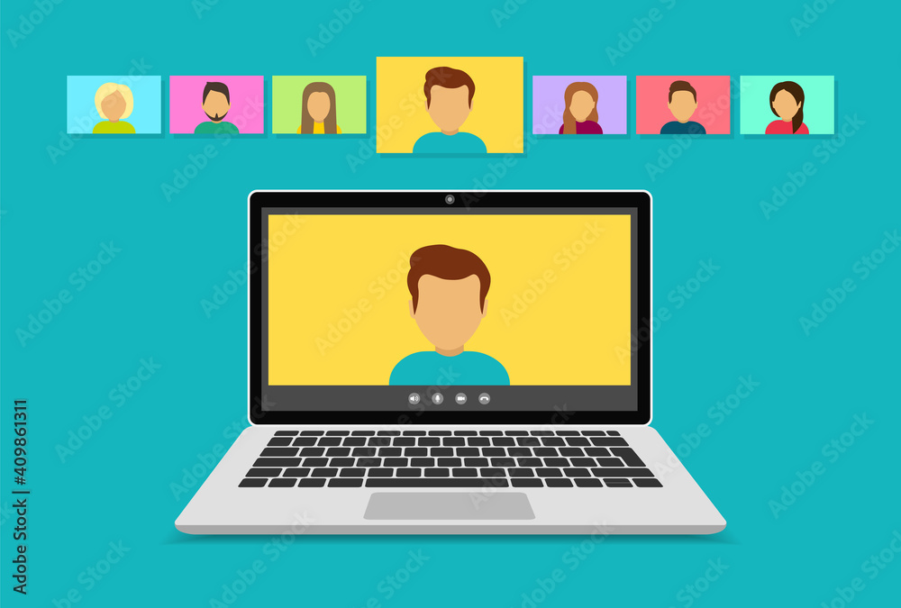 Video conference with people group on laptop screen. Colleagues talk to ...