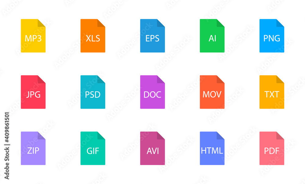 Collection Of File Type Icons Format And Extension Of Documents Pdf Doc Psd Mp3 Tx