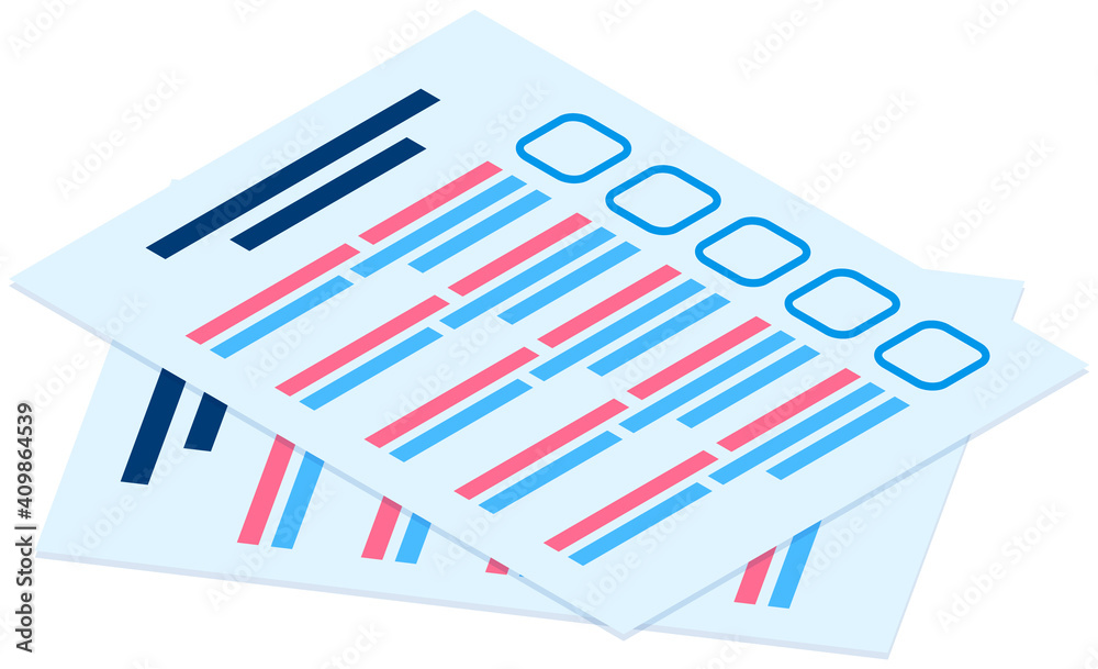 Stack of blank survey checklist sheets. Education test, questionnaire ...