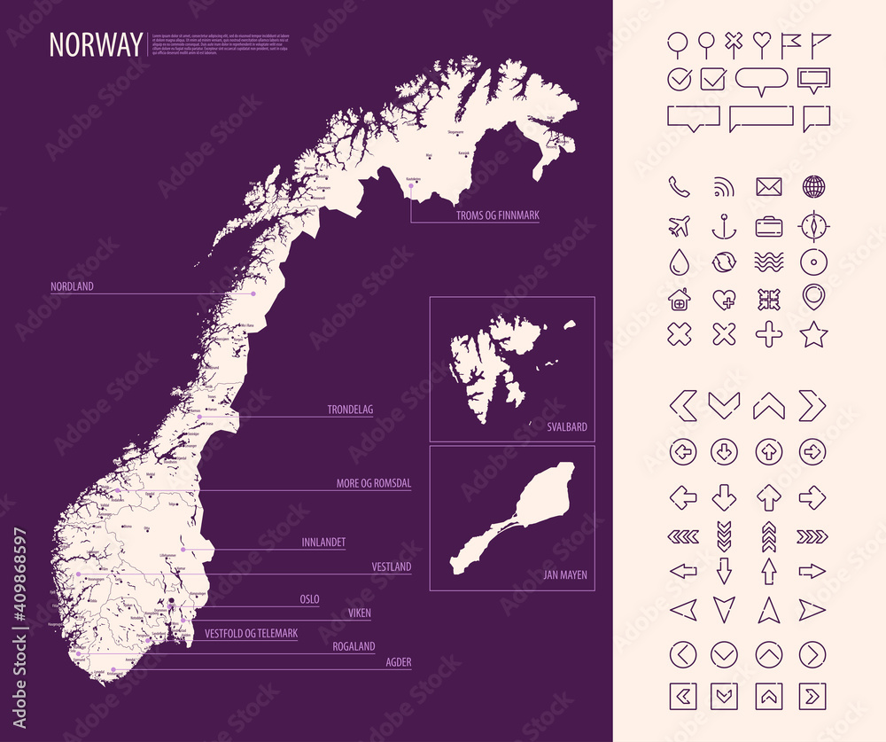 Detailed map of Norway with administrative divisions on a dark ...