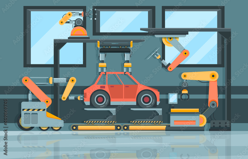 Smart industry. Conveyor with robotic hands machining systems garish ...