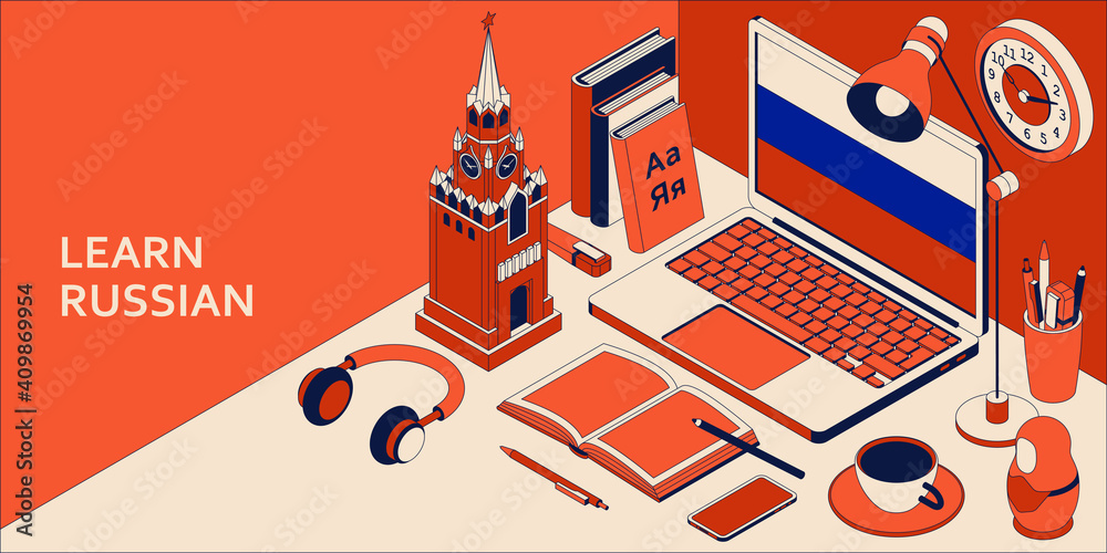 Learn Russian language isometric concept with open laptop, books ...