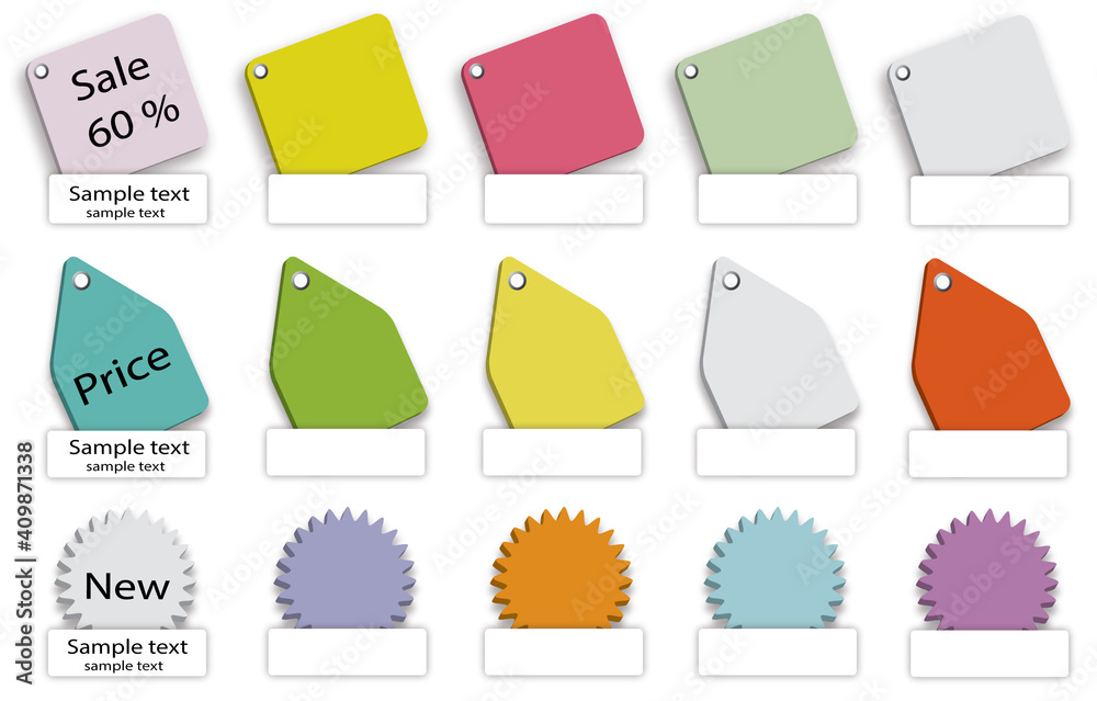 Plug-in set of colorful labels for business website. Prices of objects ...