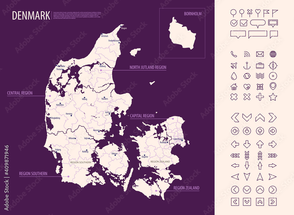 Detailed map of Denmark with administrative divisions on a dark ...