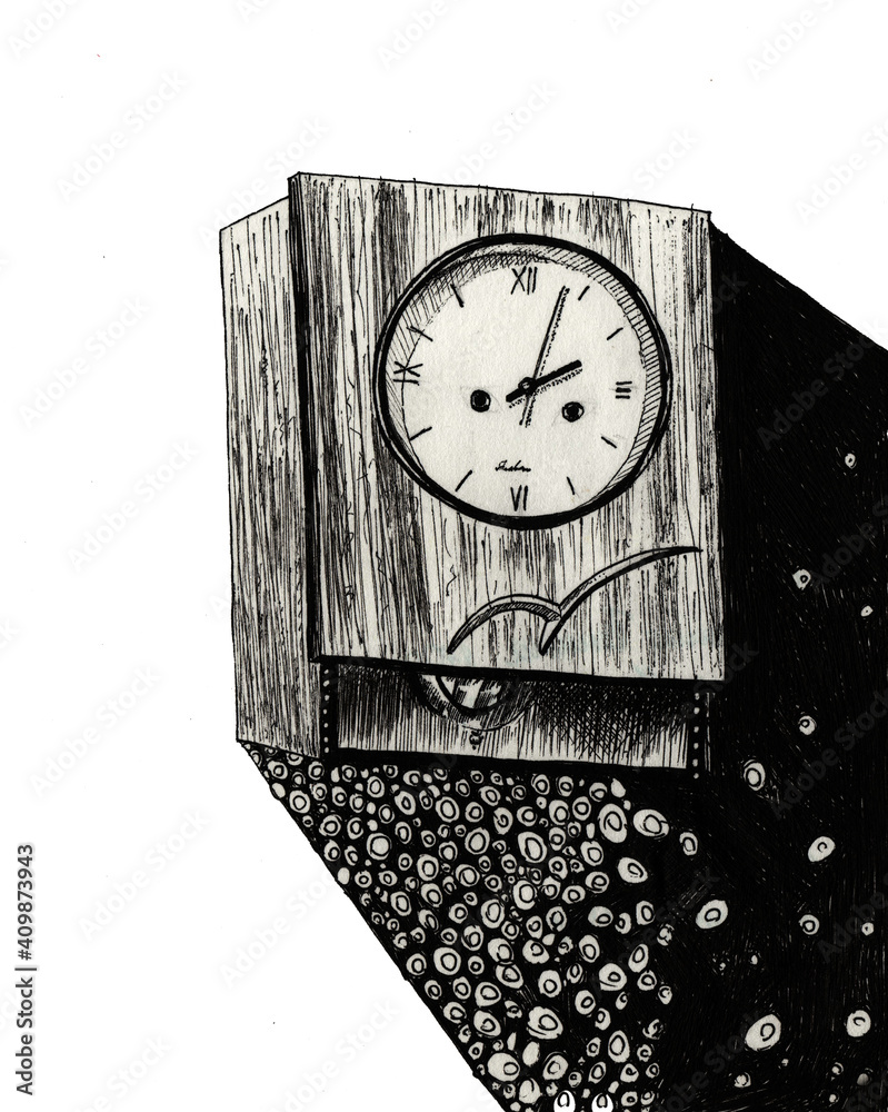 Hand drawn ink clock on the wall, time flow. Black pen drawing ...
