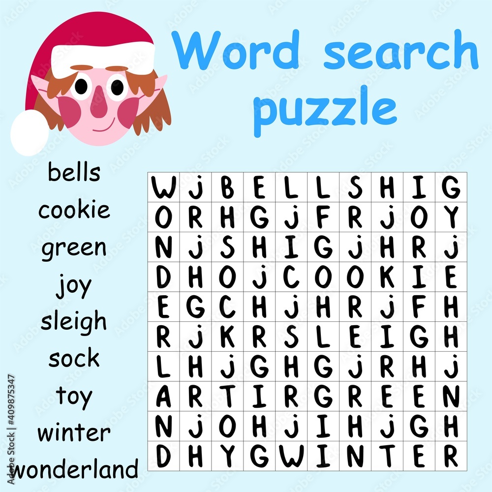 Word search puzzle cartoon game with elf stock vector illustration ...