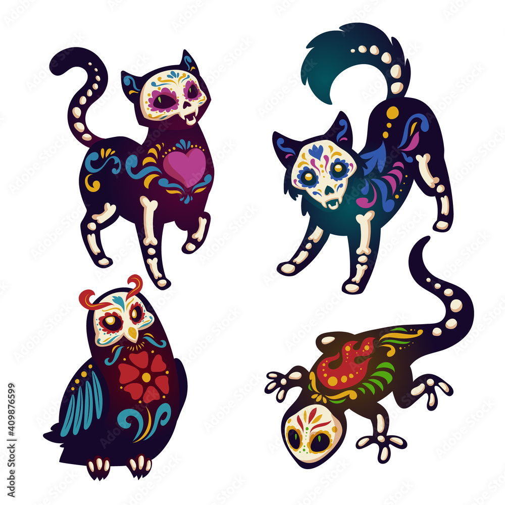 Dia de los Muertos, mexican Day of Dead with animals skeletons. Vector ...