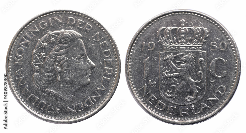 Dutch coin one guilder 1980, shield with lion with arrows and sword ...