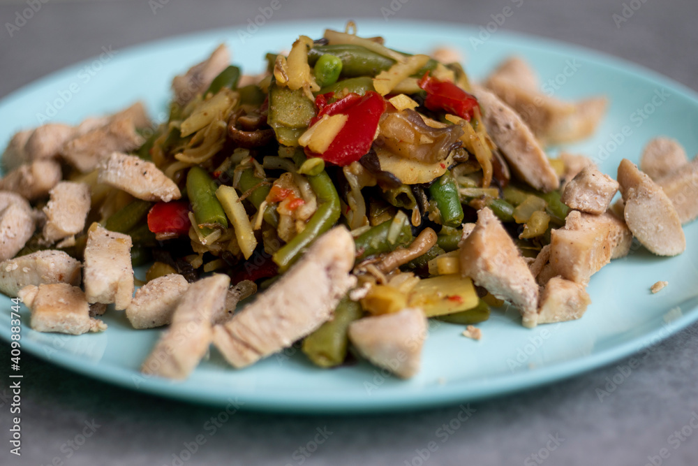 Spicy mala hotpot of fryed mixed vegetables with chiken made at home ...